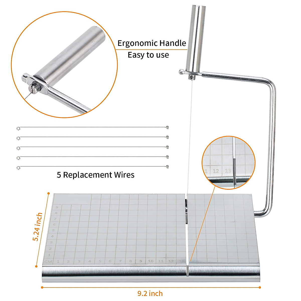 Ingcebo Stainless Steel Cheese Cutting Board with Wire Cutter, Cheese Slicer Cutter with 4 Cheese Knives Set and 5 Replacement Wires for Cutting Cheese