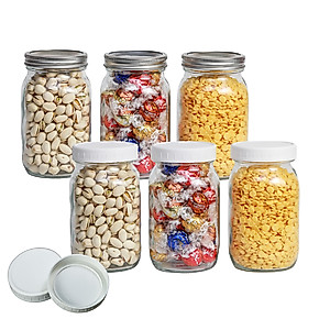 Jumterlee 6 Pack 32 oz Glass Mason Jars, Wide Mouth Mason Jars with Lids and Bands and 6 White Plastic Mason Jar Lids, Clear Glass Mason Jars