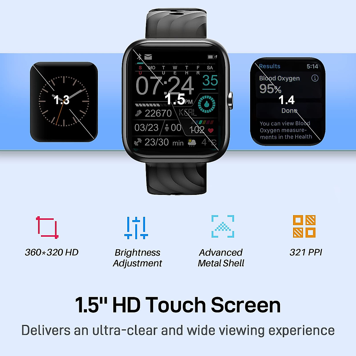 Smart Watch, 1.5 Inch HD Touch Screen Fitness Watch，18 Sport Modes IP68 Waterproof Fitness Tracker with Heart Rate Tracker Blood Oxygen Sleep Monitor, for iPhone Android Men Women