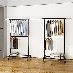 Simple Trending Double Rod Clothing Garment Rack, Rolling Clothes Organizer on Wheels for Hanging Clothes, Black