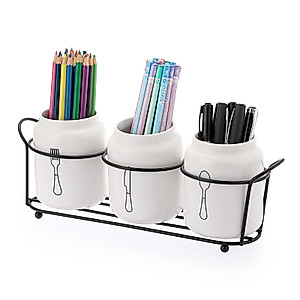 JUXYES Set of 3 Ceramic Silverware Holder for Countertop, White Flatware Organizer Utensil Holder With Black Metal Rack, Flatware Caddy Cutlery Holder Silverware Organizer for Kitchen Dining Tables