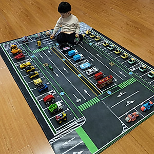 Kids Rug, City Road Traffic System Playmat Rugs - 5x7 Ft Kids Carpet with Rubber Backing,Street Play Mat Great for Playing with Cars for Bedroom Playroom - Non-Slip Have Fun Safe Nursery Rug