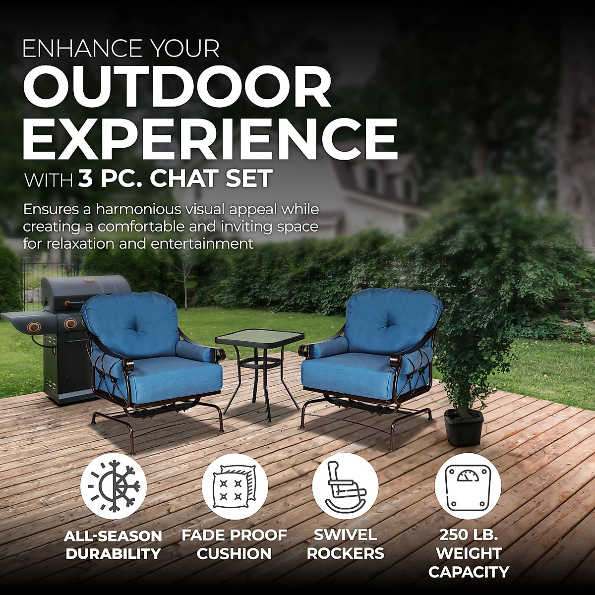 Four Seasons Courtyard Uptown 3 Piece Outdoor Bistro Patio Furniture Set with 2 Cushioned Metal Garden Chairs and Square Table for Front Porch Seating