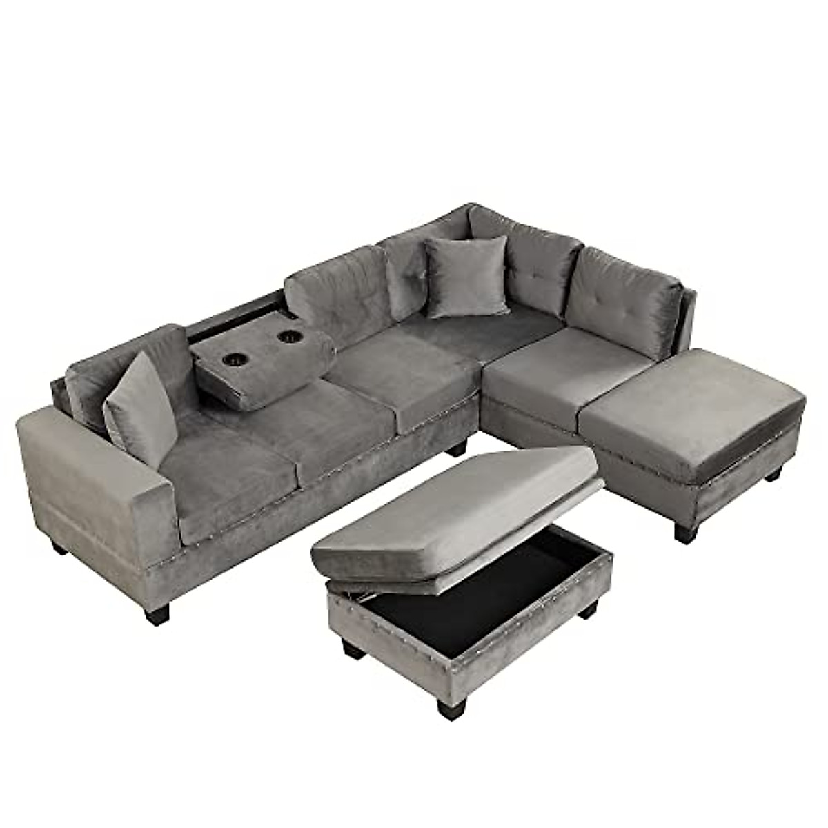 Eafurn L Shaped Sectional Reversible Chaise and Drop Down Table & Cupholders, Upholstery Corner Storage Ottoman, Tufted Convertible Sofa & Couch for Living Room Furniture Set, Gray 104.5"