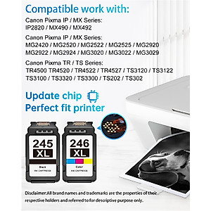 LEMERO 245XL 246XL Remanufactured Ink Cartridge Replacement for Canon 245 246 243 244XL Combo Pack for Pixma MG2522 MX490 MX492 TS3322 TR4520 MG2922 TR4522 TS3122 TS202 Printer (1 Black, 1 Color)