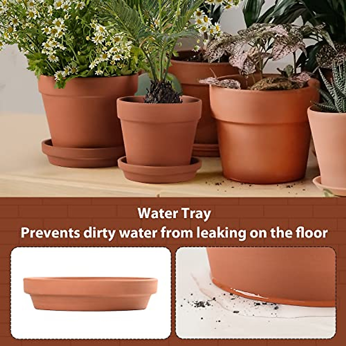 INGOFIN Terracotta Pots Set with Saucer - 5/6/7 inch Ceramic Clay Planters with Drainage Hole, Garden Flower Succulent Pots with Tray for Indoor Outdoor Plants, Set of 3