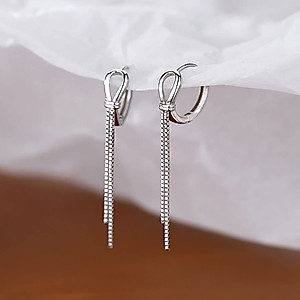 SLUYNZ 925 Sterling Silver Hoop Earrings Tassel for Women Teen Girls Bow Hoop Earrings Huggie Dangling Chain (A-Silver)