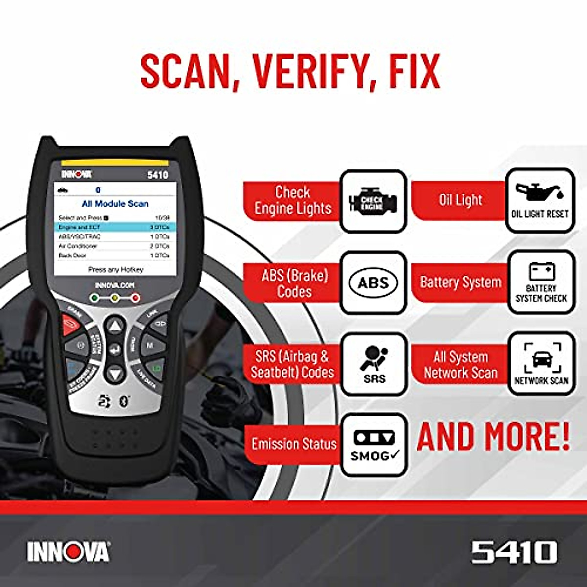 INNOVA 5410 – Newest 2022 All System OBD2 Scan Tool – Read/Erase Check Engine, ABS, SRS, and Transmission