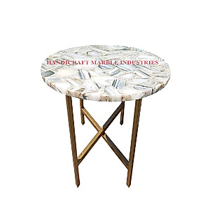 Natural Grey White Brown Agate Round 24" x 24" Inch Round Coffee Table with Metal Base, Stone Coffee Table, Round Agate Coffee Table Top with Metal Stand, Piece Of Conversation, Family Heir Loom