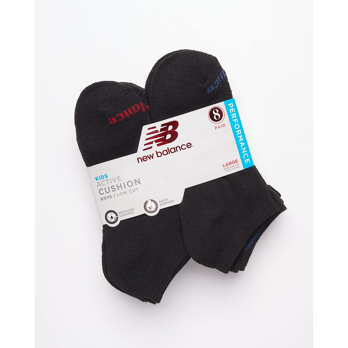 New Balance Boys' Performance No Sweat Low Cut Socks with Arch Support (8 Pack), Size Large, Black