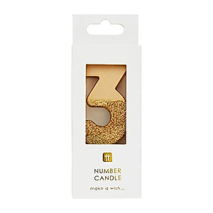 Talking Tables Glitter Number Candle-Premium Quality Cake Topper Decoration Pretty, Sparkly for Kids, Adults, 30th Birthday Party, Anniversary, Milestone, Height 8cm, 3", Gold 3