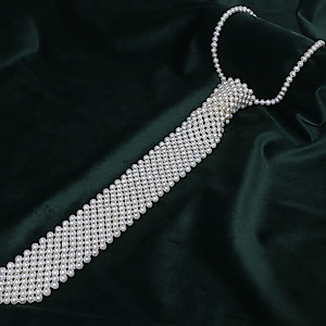 mollensiuer 1 Piece White Artificial Pearls Neck Tie Handmade Weaving Ladies Shirt Necklace Neck Tie Beaded Tie Necklace for Women