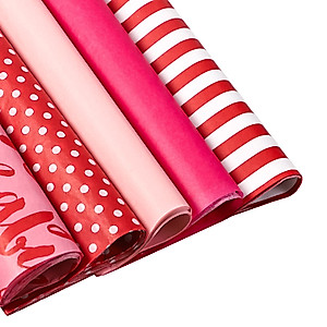 Packanewly Gift Wrap Tissue Paper for Valentine's Day - 100 Sheets Bulk Wrapping Paper Decorative Art for Gift Wrap, Flower, Pom Pom - 20x20 inch (Red, Pink, Stripe, Dot)