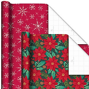 Hallmark Rustic Recyclable Christmas Wrapping Paper (6 Rolls: 180 Sq. Ft. Total) Red, White and Hunter Green Plaid, Poinsettias, Snowflakes, "Merry Christmas," Snowman, Santa