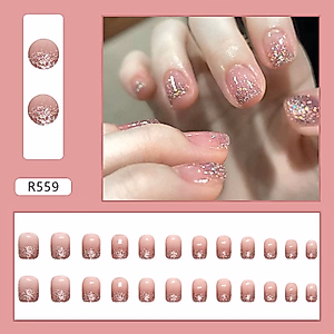 Pink Press on Nails Square, Short Fake Nails with Glitter Pattern,Glue on nails for Women Girls DIY Nail Manicure, Includes Prep Pad, Mini File, Cuticle Stick, Glue, Jelly Glue and 24 False Nails