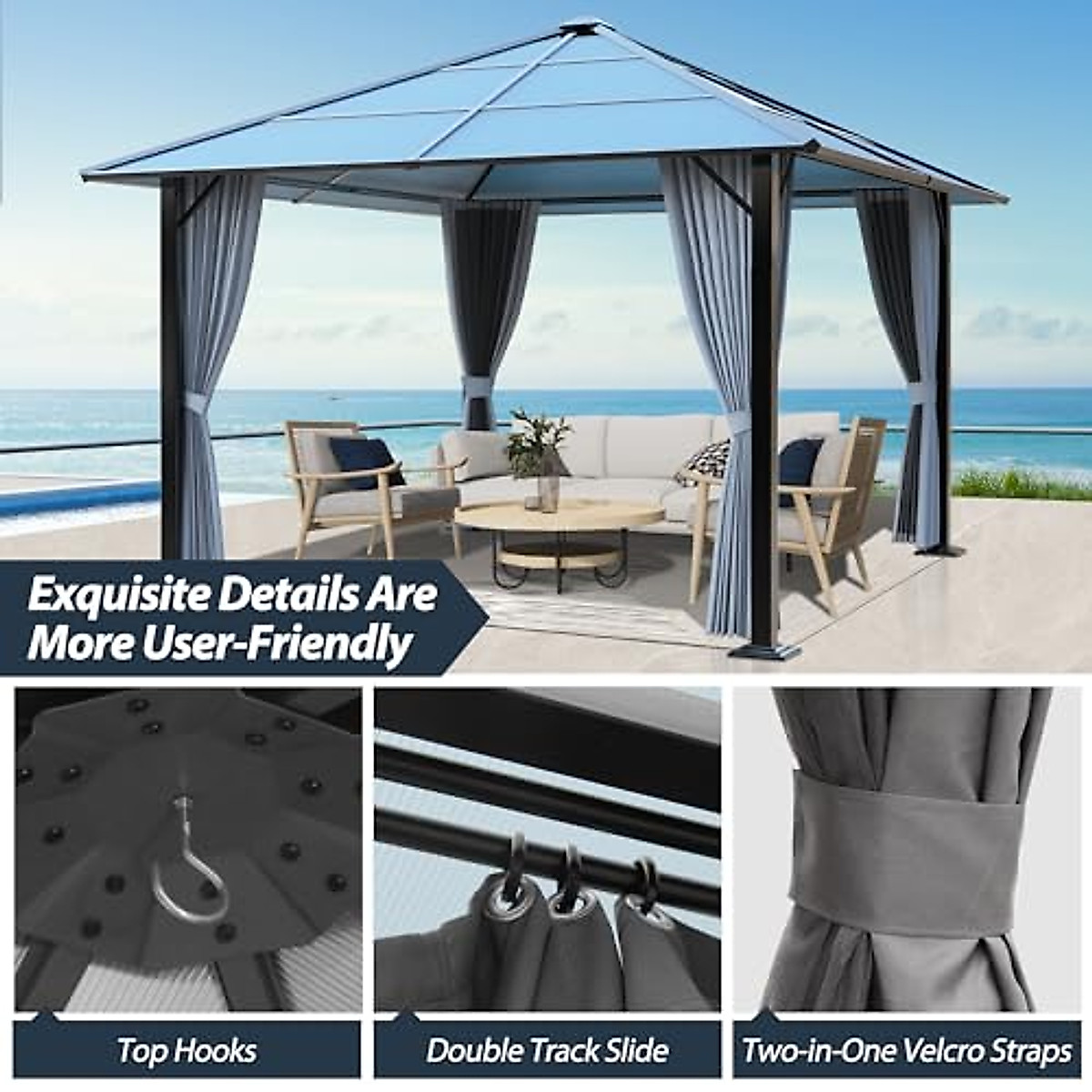 Funny Sunny10'x10' Hardtop Gazebo, Outdoor Gazebo with Translucent Roof, Polycarbonate Top Steel Frame Garden Tent with Breathable Mesh and Privacy Curtains for Patio Lawn Garden Backyard, Gray