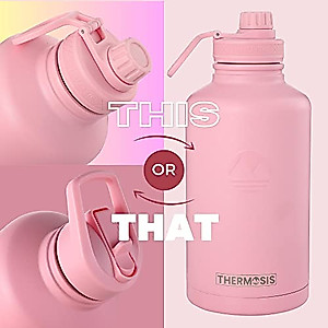 THERMOSIS 64 Oz Water Bottle With Straw, Half Gallon Water Bottle Thermos With Wide Mouth Opening and 2Lids. Includes Sports Water Bottle Holder With Strap (1/2 Gallon Water Jug) - Pink Water Bottle