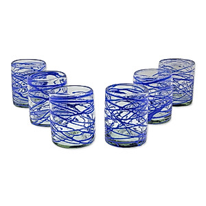 NOVICA Artisan Handblown Glass Rock Sapphire Blue Swirl Mexico Tableware Drinkware 'Sapphire Swirl'(Set of 6)