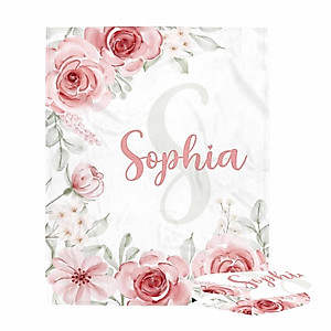 UOZGUY Personalized Floral Baby Blankets for Girls, Customized Name Baby Newborn Toddler Blankets, Baby Girl Newborn Essentials Super Soft Fleece Baby Blankets, 30"x40"