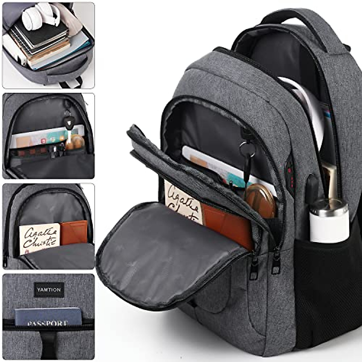YAMTION Dark Gray Backpack for Men and Women,School Backpack Bookbag for Teen Boys and Girls High School Laptop Backpack with USB for College Student Work Business