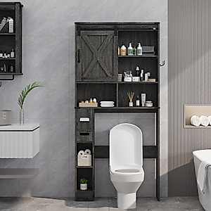 RoyalCraft Over The Toilet Storage Cabinet, Farmhouse Storage Cabinet Over Toilet with Sliding Barn Door, Home Space-Saving Toilet Rack, Behind Toilet Bathroom Organizer for Bathroom, Dark Grey
