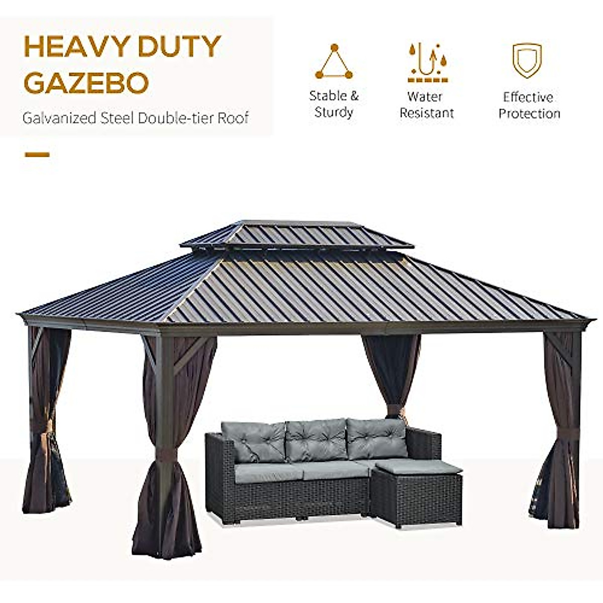 Outsunny 12' x 16' Hardtop Gazebo Canopy with Galvanized Steel Double Roof, Aluminum Frame, Permanent Pavilion Outdoor Gazebo with Netting and Curtains for Patio, Garden, Backyard, Deck, Lawn, Brown
