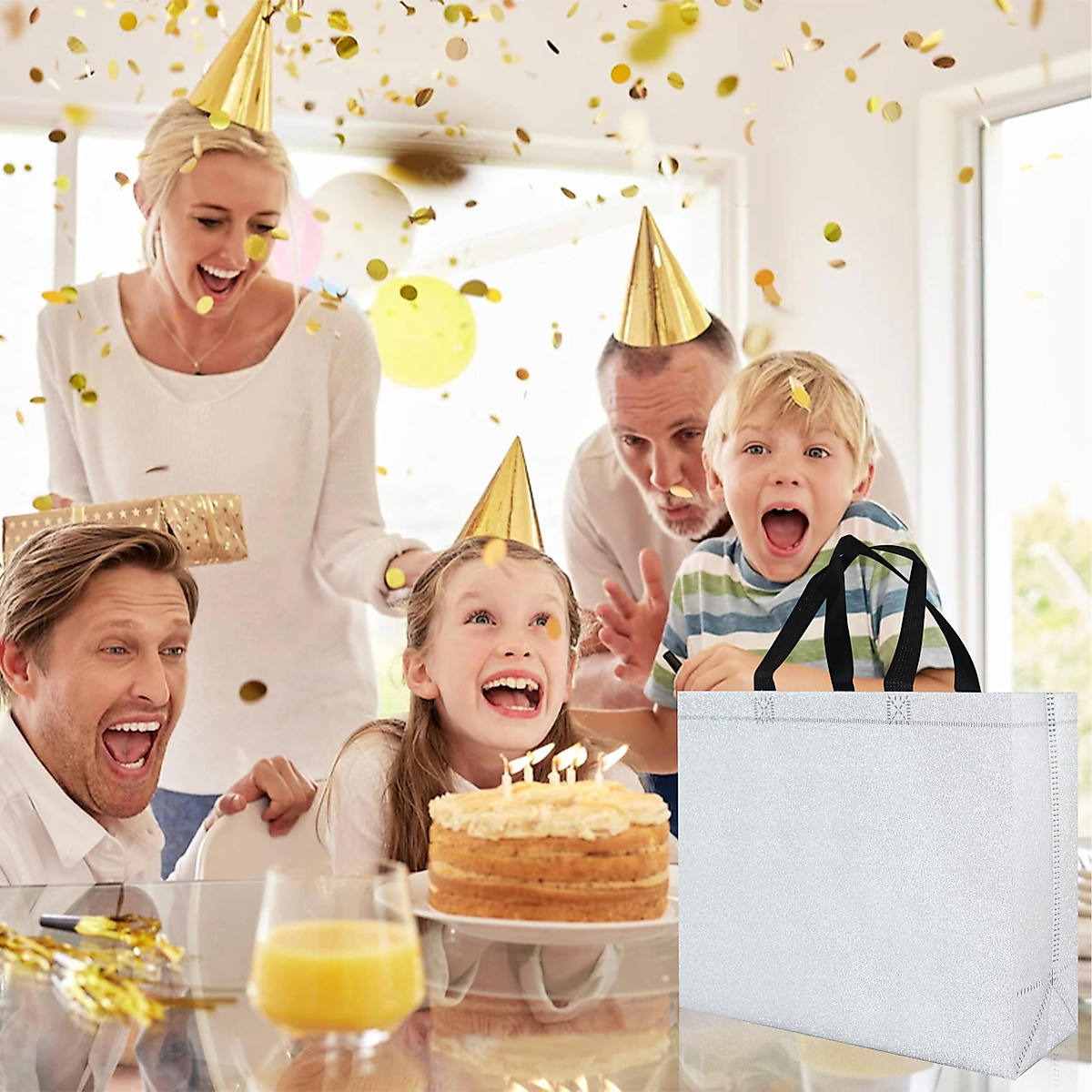 CHENGBAI TOTE Silver Reusable Gift Bags 12 Pcs, Holiday glitter bag Bulk with Base, Flashing Non Woven Gift Bags for Gift Wrapping, Birthdays, Weddings, Party, Christmas