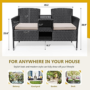 Flamaker Outdoor Furniture Patio Loveseat Wicker 2-Seat with Built-in Table and Cushions Rattan Porch Chairs Bench for Balcony, Lawn, Backyard (Beige)