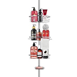 Lucalda Corner Shower Caddy Tension Pole, Stainless Steel Pole Organizer, Rustproof Shower Corner Shelf, Adjustable Shower Shelf with 4 Tier Baskets and 1 Towel Bar, 59-110 Inches, Silver