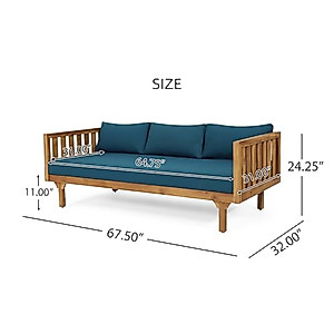 Merax Outdoor 3 Seater Daybed, Acacia Wood Day Bed Couch Sofa with Cushions for Patio Backyard, Garden, Blue