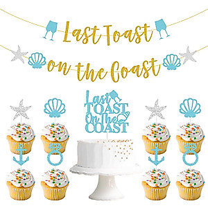 Last Toast on the Coast Bachelorette Decorations - Last Toast On The Coast Banner Cake Cupcake Toppers, Bachelorette Party Banner Garland Blue for Bridal Shower Decorations Party Supplies