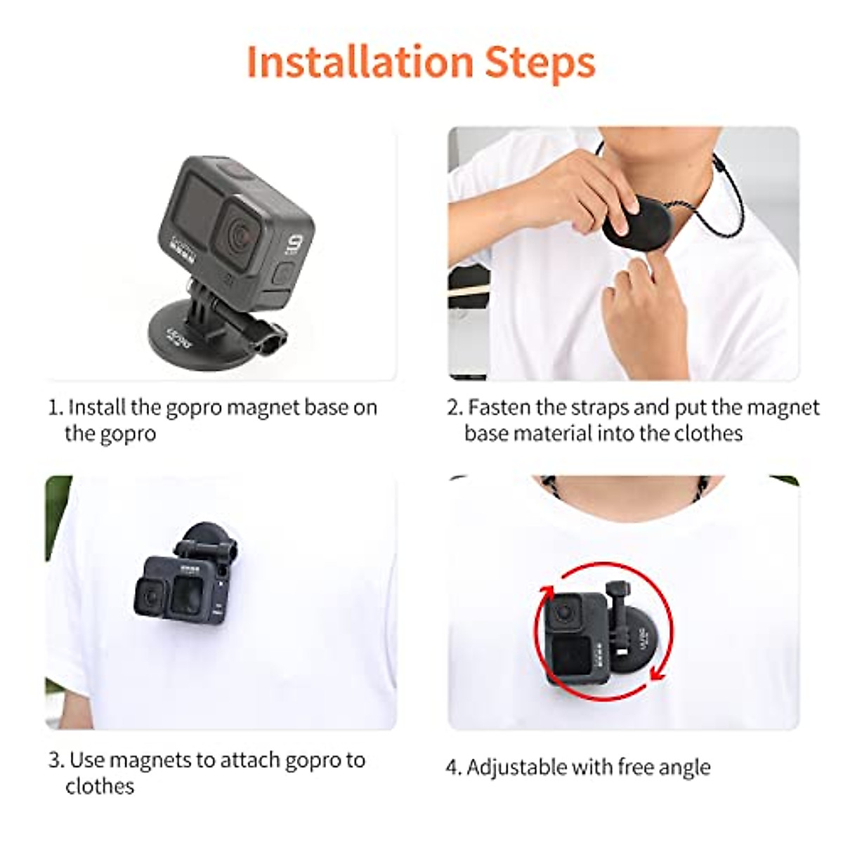 Magnetic Neck Selfie Holder, Action Camera Mount Quick Release Plate, Chest Shoulder Support Angle with Joint Mount, for Gopro Hero 5 6 7 8 9 10 Black AKASO DJI Action iPhone