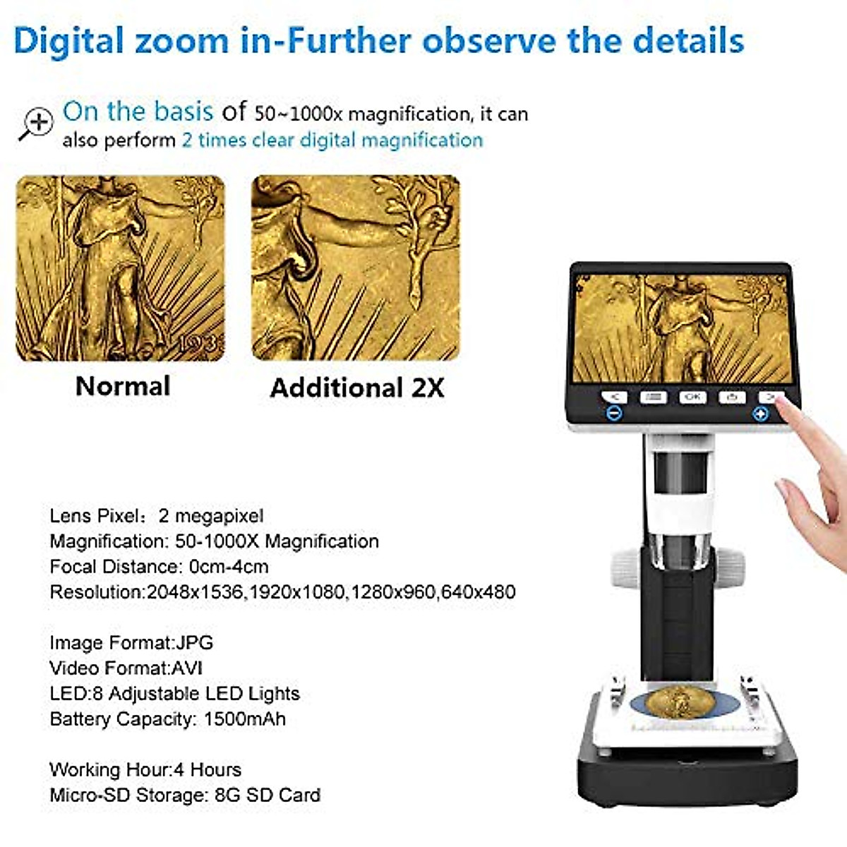 LCD Digital Microscope, YINAMA 4.3 Inch 50X-1000X Magnification 1080P Compound Handheld Microscopes Camera with Rechargeable Battery Mini Hdmi Port 8 LED Lights Slides