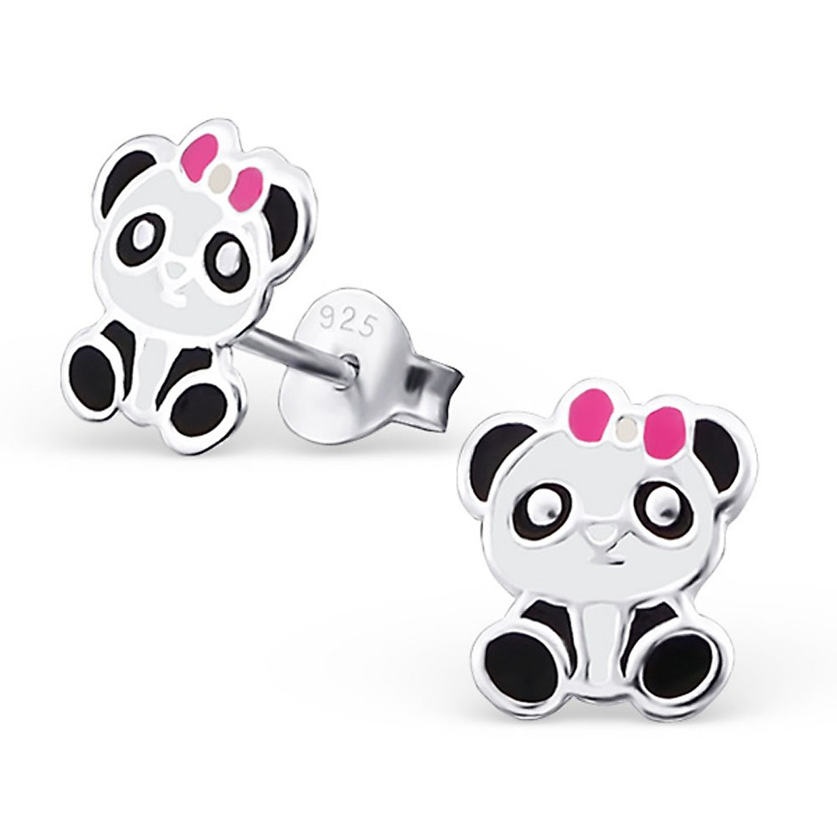 Tiny Cute Panda Bear Silver Earrings White Black Pink Bow 925 Stering Silver (E19638)