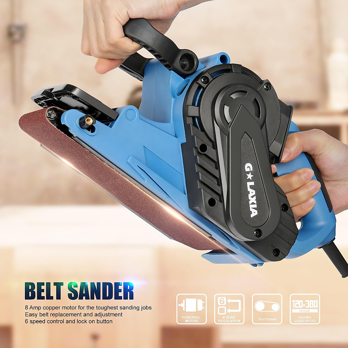 G LAXIA Belt Sander, 8 Amp Corded Sander with Dust bag, 3” x21” Sanding Belt, 6 Adjustable Speed 120-380 m/min and 3 Position Handle for Polishing and Sanding