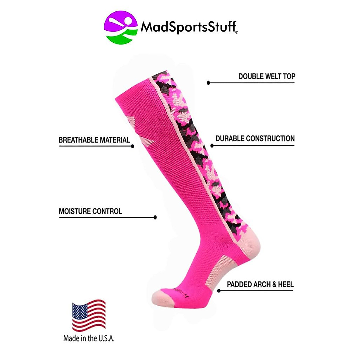 MadSportsStuff Pink Ribbon Awareness Camo OTC Socks (Neon Pink/Pale Pink, X-Large)