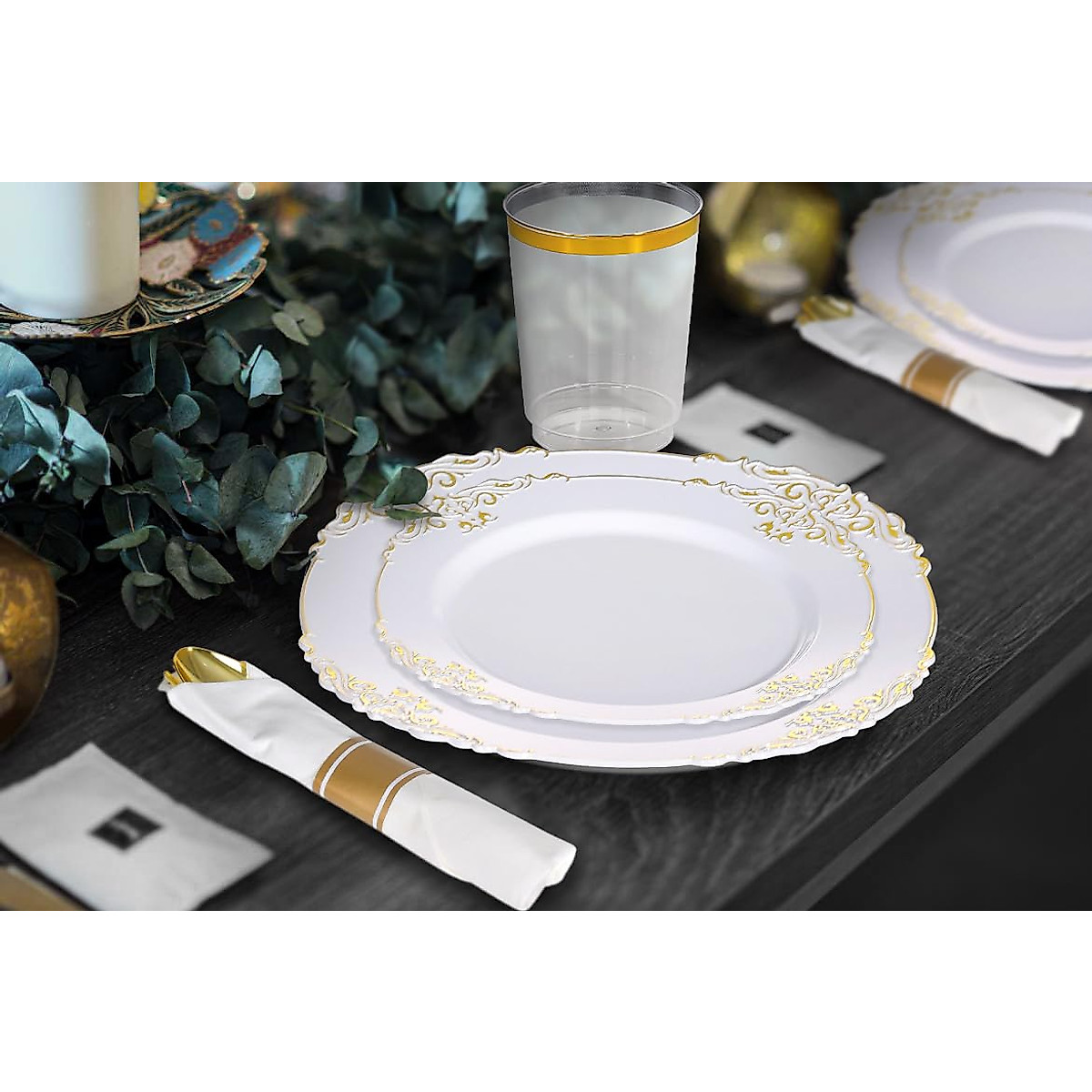 50 Gold Wrapped Plastic Cutlery Set with Napkin - By Zulzzy- Individually Pre Rolled Gold Silverware Disposable Ideal for Parties, Weddings, 50 Forks, Spoons & Knives with White Napkins