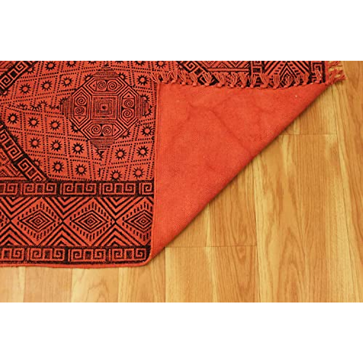 Casavani Hand Block Printed Area Rug Geometric Red Cotton Dhurrie Floor Carpet For Doormat Best Uses For Hallway Runner Rug Bedroom,Living Room,Dining Room,Purch 7x10 Feet