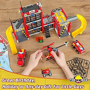 WishaLife City Fire Station Toy Building Set, with 2 Fire Truck Toys, Helicopter, Pretend Play Toys Gift Idea for Kids Boys Girls Ages 6 Plus