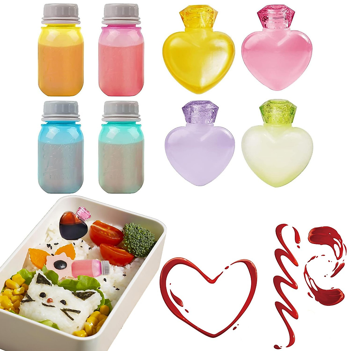 WXOIEOD 8 Pieces Mini Condiment Bottles for Lunch Box, Mini Ketchup Bottle for Kids Lunches, Cute Heart Condiment Squeeze Bottles Plastic Sauces Containers for Kids School Bento Box Accessories