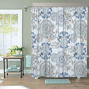 Neasow Teal and White Shower Curtain, Watercolor Floral Bathroom Curtain Light Blue Paisley Design Shower Curtains Aqua 72×72 inches
