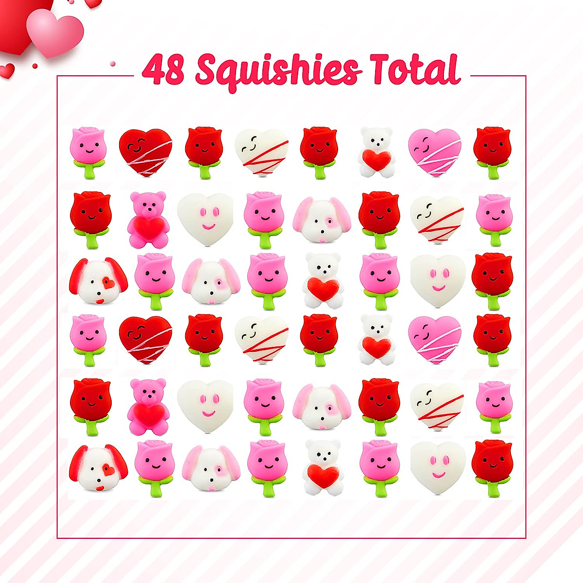 RGM CREATIONS Valentines Day Gifts for Kids Classroom - 48 Mochi Squishy Fidget Toys with 24 Adorable Valentine's Day Cards - Perfect for Classroom Exchanges and Party Favors