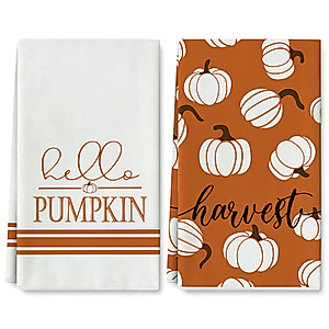 AnyDesign Fall Kitchen Dish Towel 18 x 28 Inch Hello Pumpkin Thanksgiving Harvest Tea Towel Autumn Orange White Dishcloth Rustic Farmhouse Hand Drying Cloth Towel for Kitchen Cooking Baking, 2 Pack