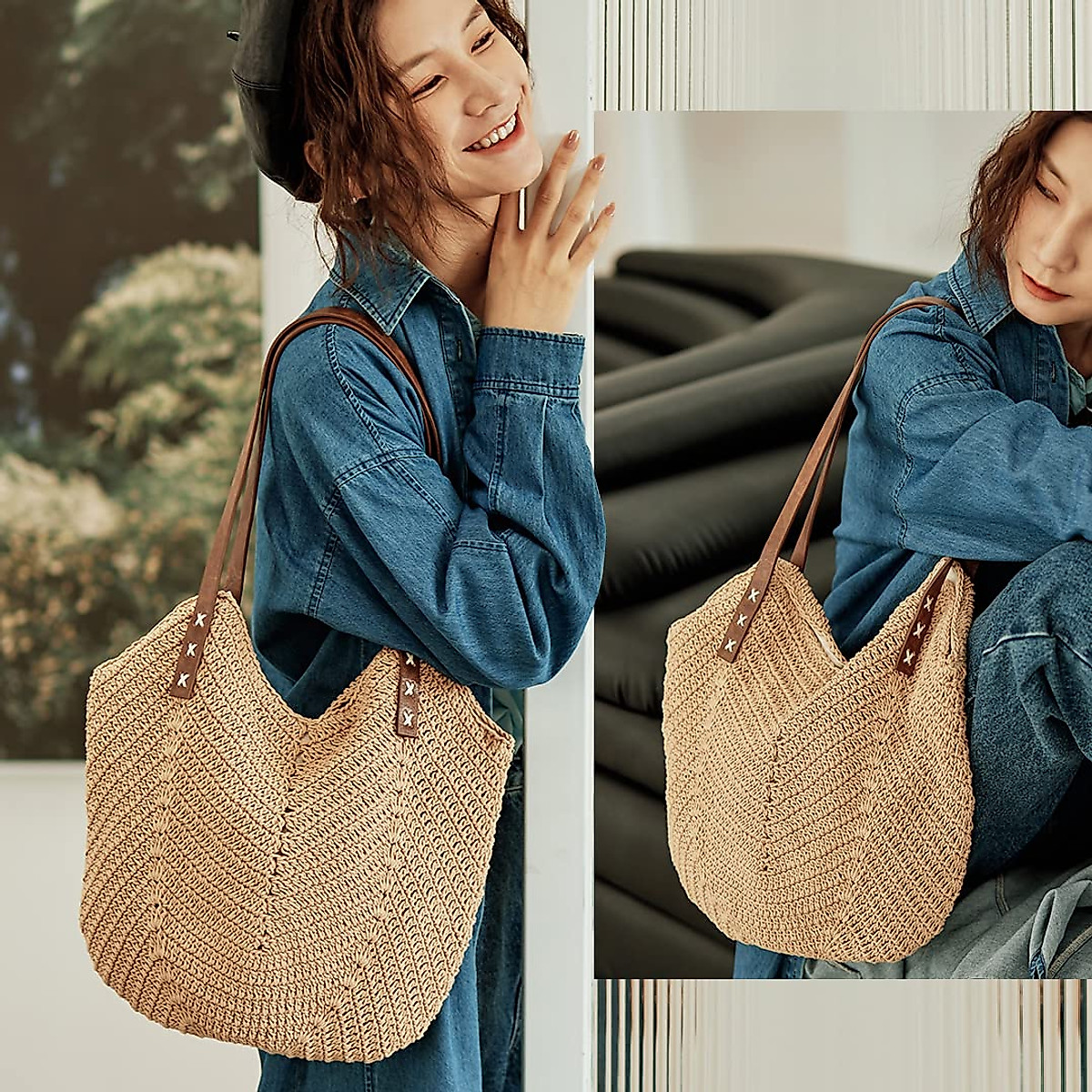 NIBD Hand-woven Soft Large Straw Shoulder Bag Retro Boho Tote Bags Summer Beach Woven bag Rattan Handbag (Brown)