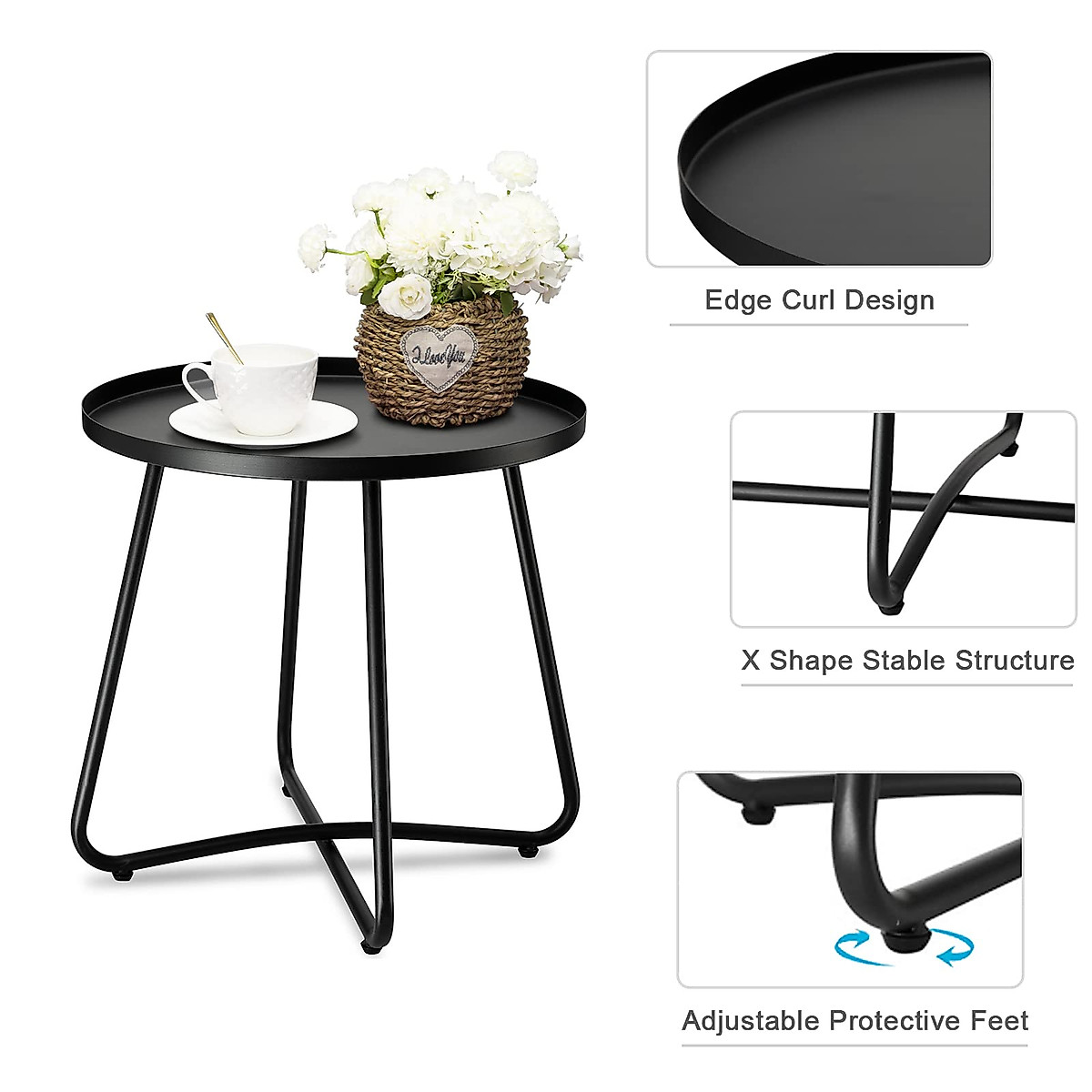 TeoKJ Outdoor Side Tables, Anti-Rust Metal Outdoor End Table, Small Patio Table Round End Table Outdoor Table for Garden Balcony Yard Porch Patio Lawn Black