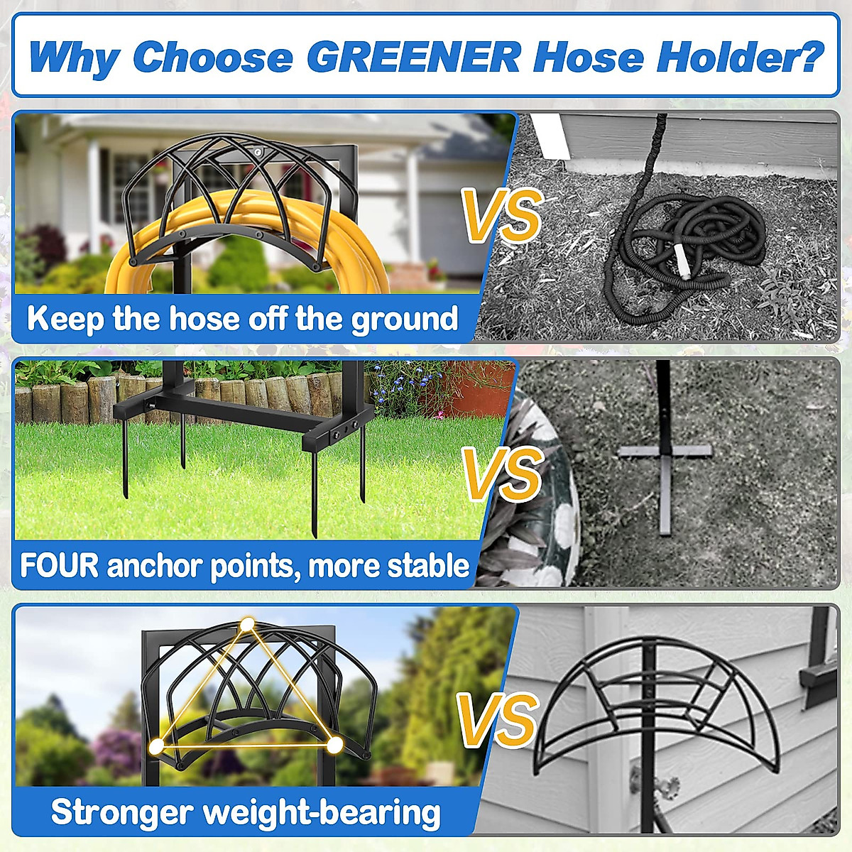 GREENER Garden Hose Holder GREENER Freestanding Heavy Duty Water Hose Holder Detachable Metal Hose Hanger Holds 150-feet Hose,Outdoor Hose Stands Hose Holder Storage Rack For Outside Yard Lawn, Black
