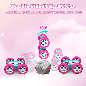 cosone Pink Remote Control Car for Girls - RC Stunt Cars with 4WD Double-Sided Driving 360° Flips Rotating, Off Road Remote Car Outdoor Toys for Kids Age 6 7 8-12, Christmas Birthday Gifts