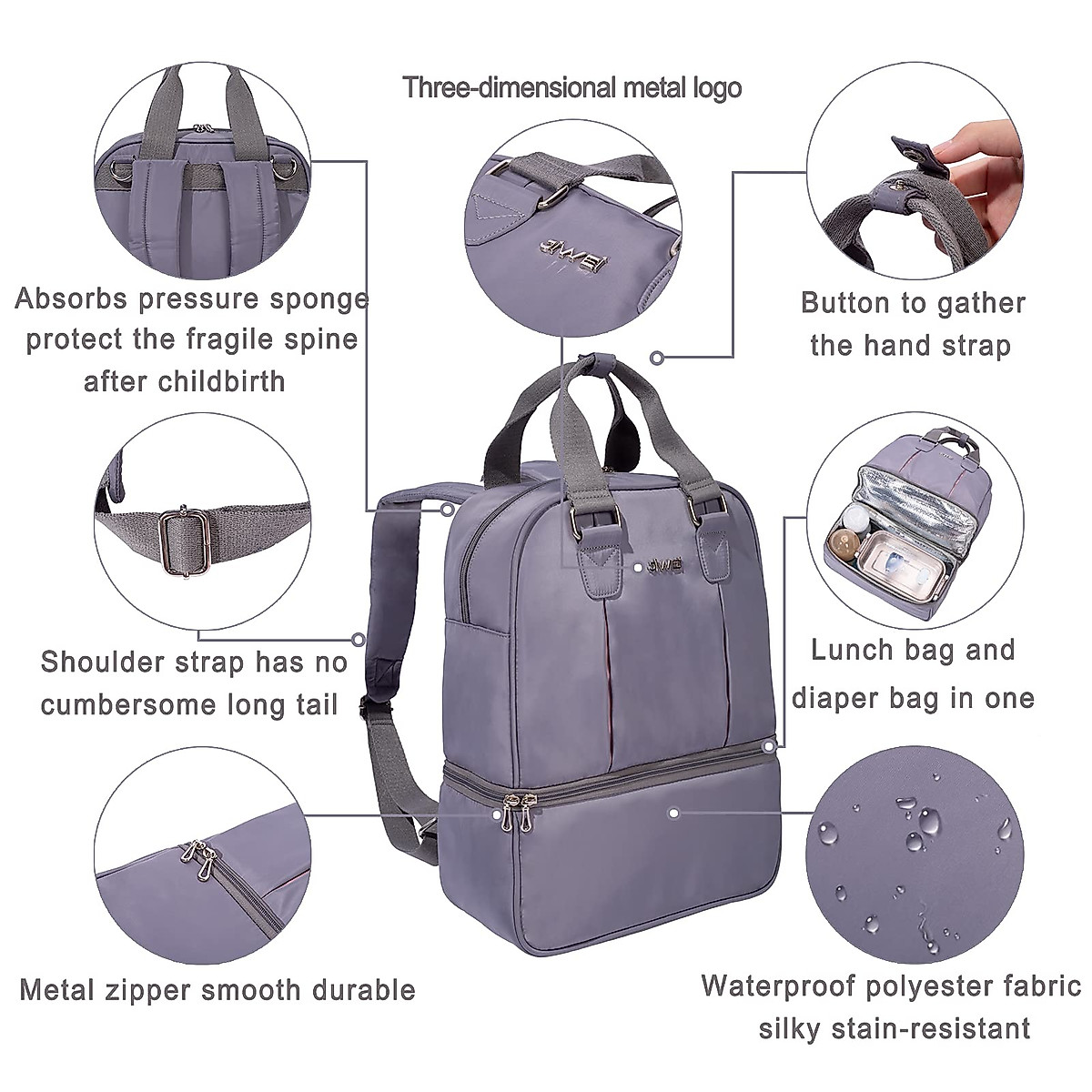 ZWFLAU Diaper Bags with Lunch Bag, Diaper Bag Backpack Travel Back Pack Mommy Bags Multifunction Large-Capacity Lightweight Waterproof for Moms Dads Daily Travel Camping Picnic Party (Grey)