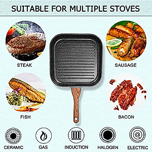 Aoorun Grill Pans for Stove Tops - Nonstick Grill Pan with Granite Coating & Solid Wood Handle, Induction Compatible, 11 inch