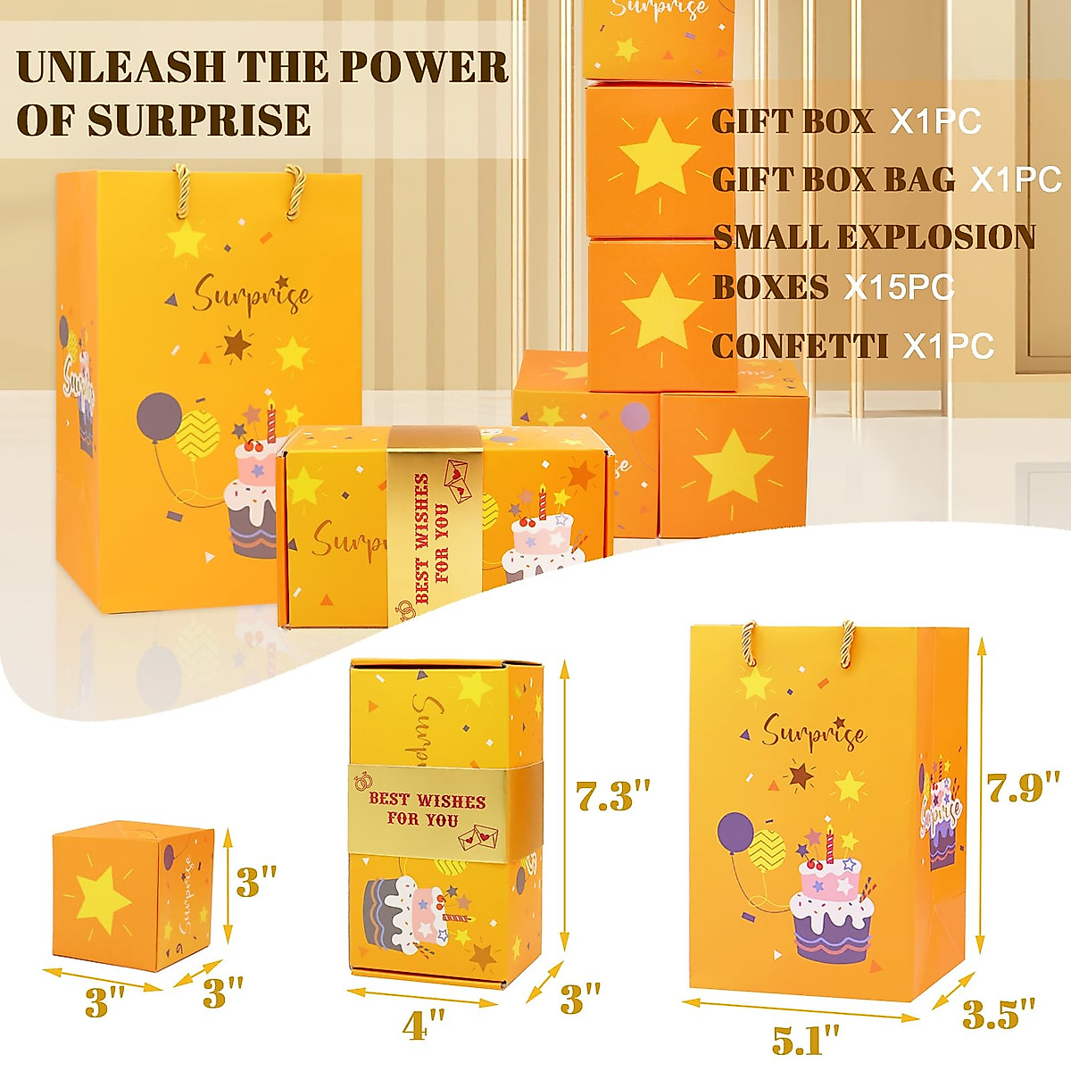 Surprise Gift Box Explosion for Money, Unique Folding Bouncing Red Envelope Gift Box with Confetti, Cash Explosion Luxury Gift Box for Mom Birthday Anniversary Valentine Proposal (15 Bounces) (Yellow)